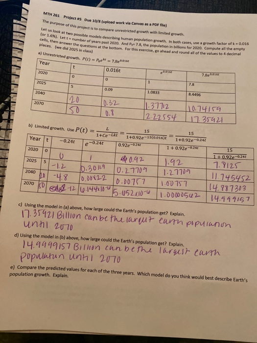 Solved MTH 261 Project NS Due 10/8 (upload work via Canvas | Chegg.com