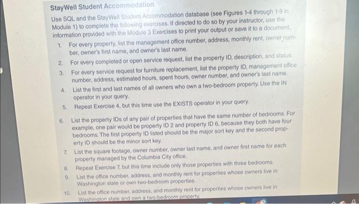 Solved StayWell Student Accommodation Use SQL and the | Chegg.com