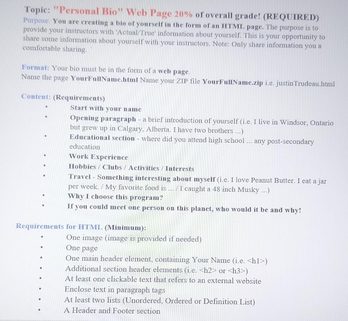 Solved Topic: "Personal Bio" Web Page 20% of overall grade! | Chegg.com