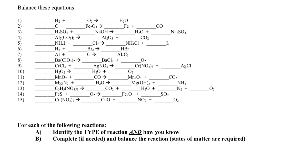 Solved Balance these equations:For each of the following | Chegg.com