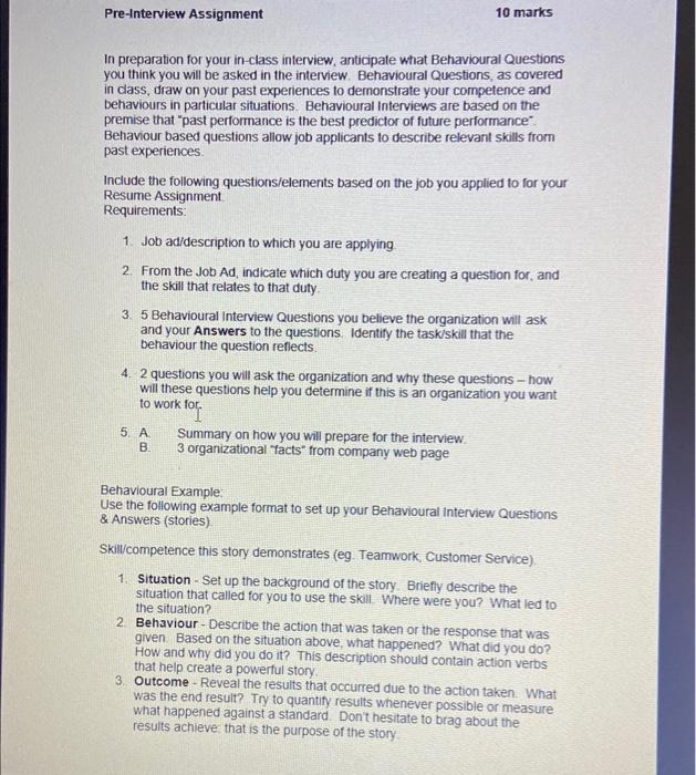 Pre-Interview Assignment 10 marks In preparation for | Chegg.com