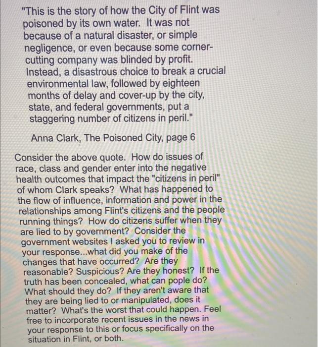 "This is the story of how the City of Flint was | Chegg.com