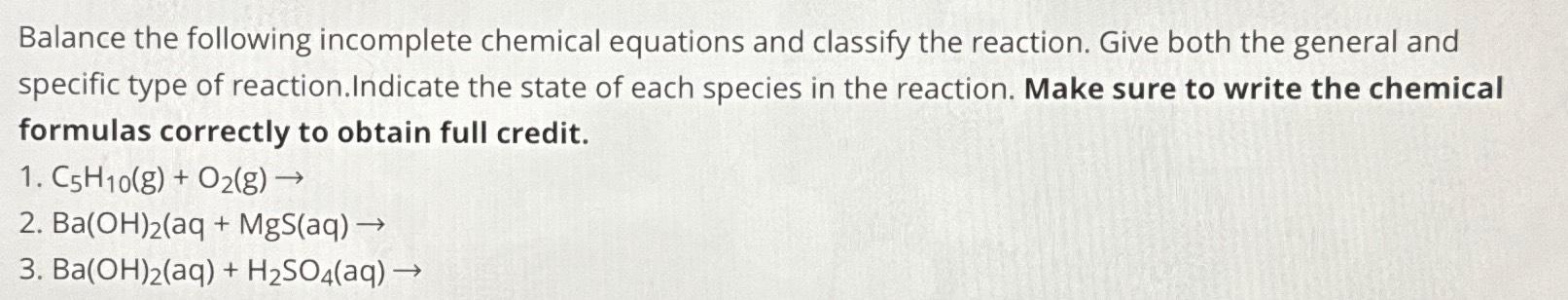 Balance the following incomplete chemical equations | Chegg.com