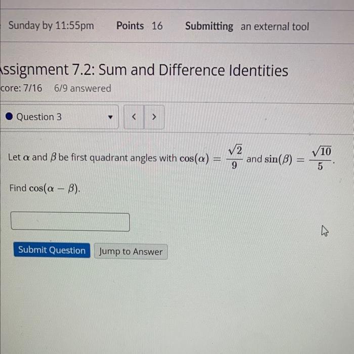 Solved ssignment 7.2: Sum and Difference Identities core: | Chegg.com
