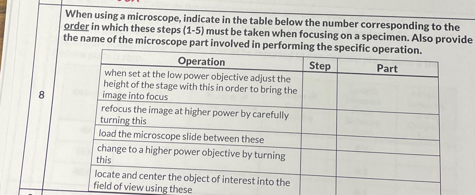Solved When using a microscope, indicate in the table below | Chegg.com