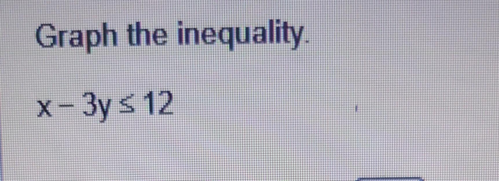 Solved Graph the inequality. x−3y≤12 | Chegg.com