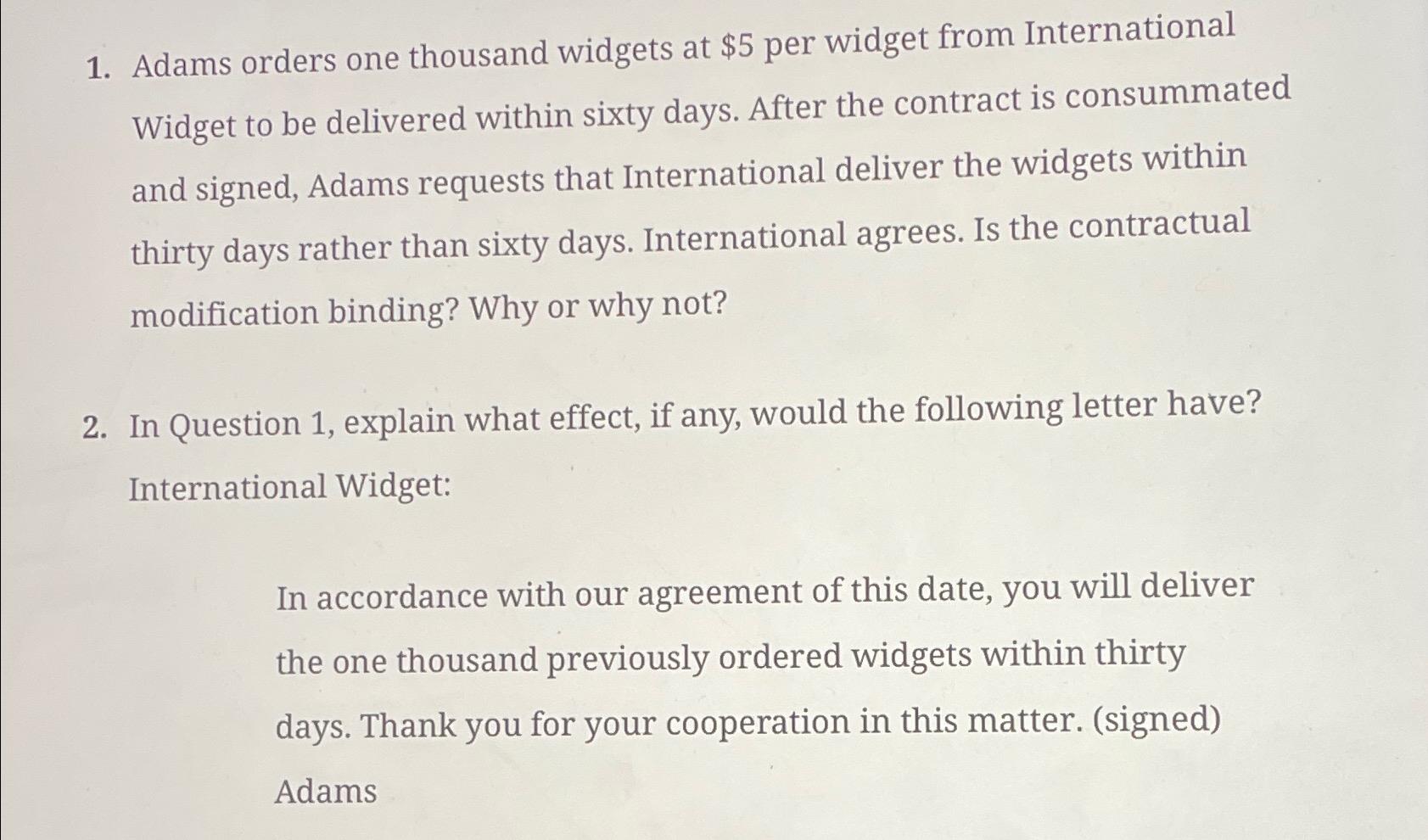 Solved Adams orders one thousand widgets at $5 ﻿per widget | Chegg.com