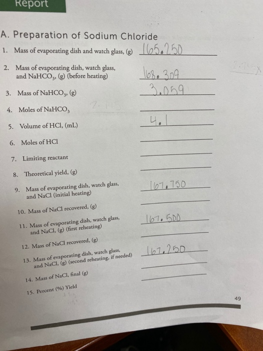 Solved Report A. Preparation of Sodium Chloride 1. Mass of | Chegg.com