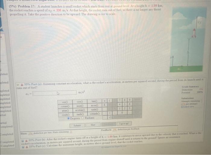 Solved (5\%) Problem 17: A student faunches a small rocket | Chegg.com