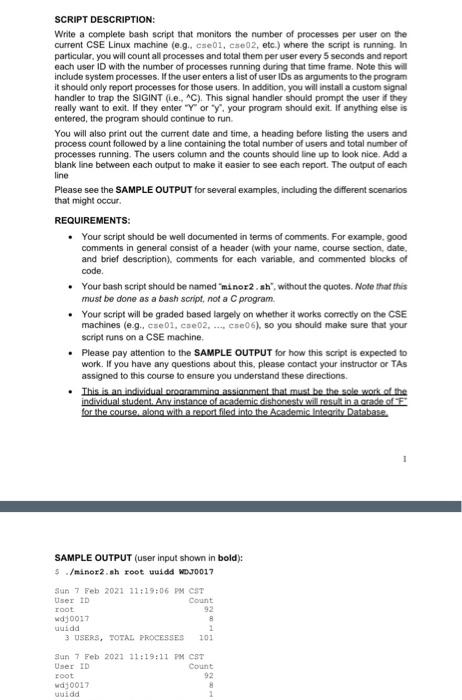 Solved SCRIPT DESCRIPTION: Write a complete bash script that | Chegg.com