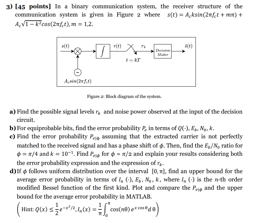 [45 ﻿points] ﻿In a binary communication system, the | Chegg.com