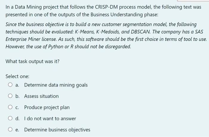 Solved In a Data Mining project that follows the CRISP-DM | Chegg.com