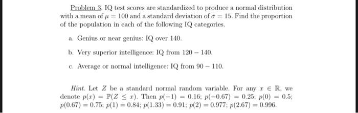 Solved Problem 3. IQ test scores are standardized to produce | Chegg.com