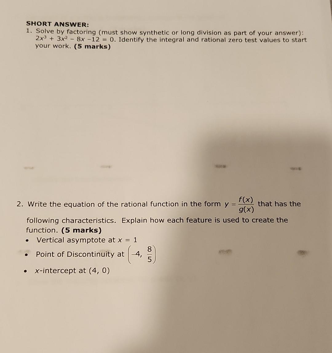Solved SHORT ANSWER: 1. Solve by factoring (must show | Chegg.com