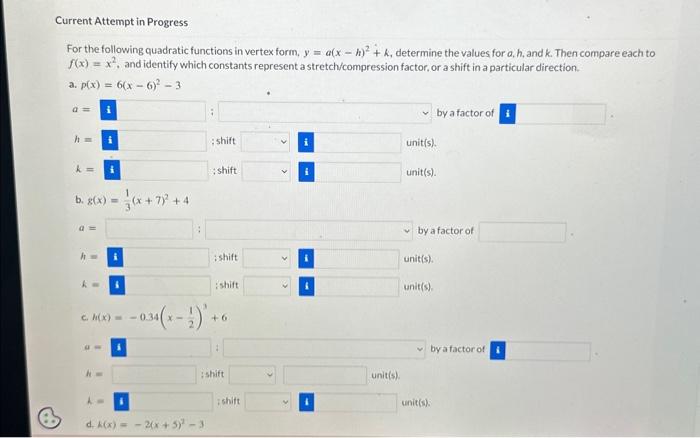 Solved For the following quadratic functions in vertex form, | Chegg.com