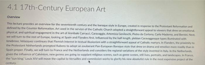 Solved 4.1 17th-Century European Art Overview This lecture | Chegg.com