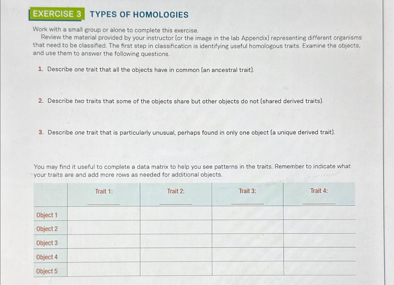 Solved TYPES OF HOMOLOGIESWork with a small group or alone | Chegg.com