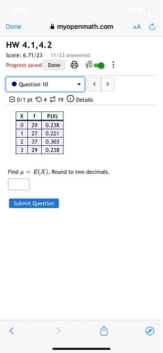 Solved АА С Done myopenmath.com HW 4.1,4.2 Score: 6.71/23 | Chegg.com