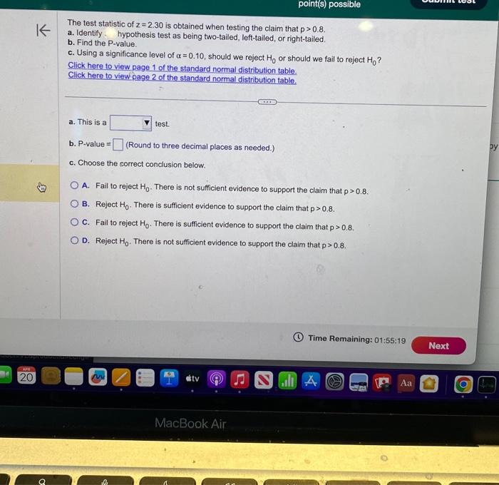 The Test Statistic Of Z 2 30 Is Obtained When Testing