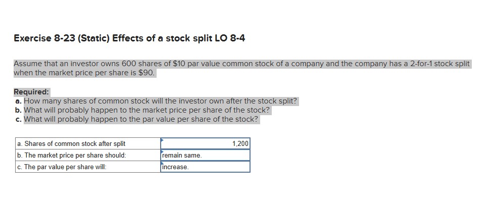 Solved Exercise 8-23 (Static) ﻿Effects of a stock split LO | Chegg.com