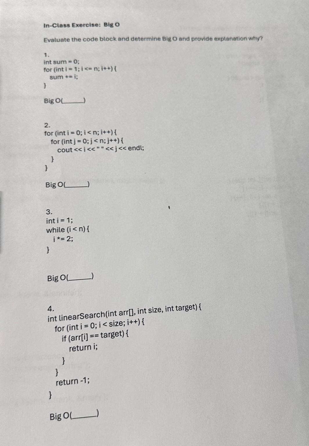 Solved In-Class Exercise: Big OEvaluate the code block and | Chegg.com