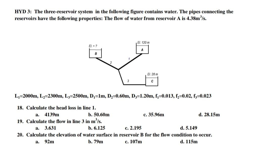 Solved HYD 3: The three-reservoir system in the following | Chegg.com