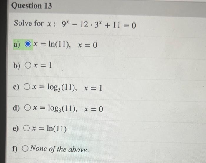 Solved Solve this equation for x:5e4x−3=10 a) x=4ln(513) b) | Chegg.com