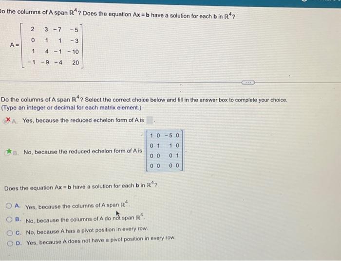 Solved the columns of A span R4 ? Does the equation Ax=b | Chegg.com
