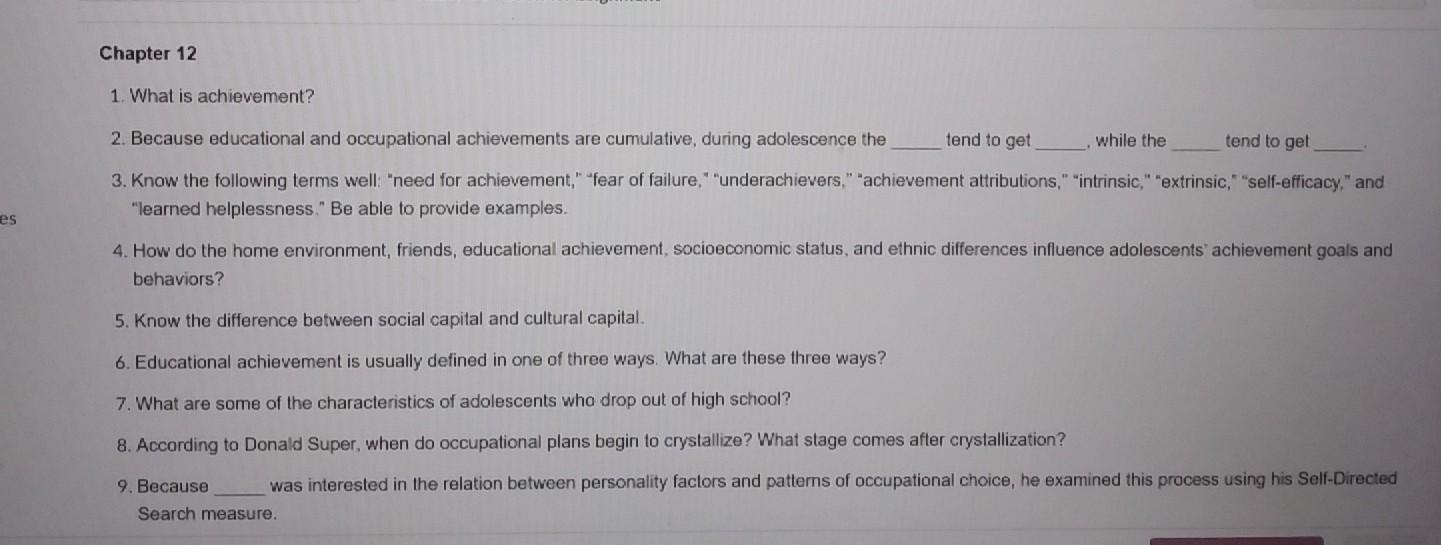 Solved Chapter 12What is achievement?Because educational and | Chegg.com