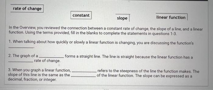 Solved rate of change constant slope linear function In the | Chegg.com