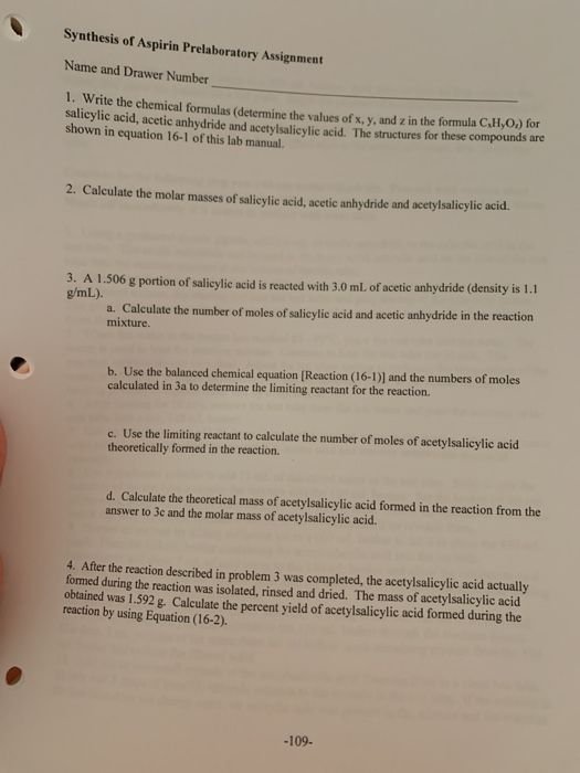 Solved Synthesis of Aspirin Prelaboratory Assignment Name | Chegg.com