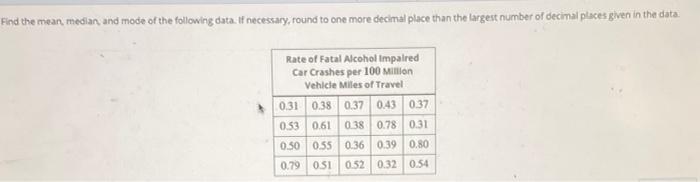 Solved Find the mean median, and mode of the following data. | Chegg.com