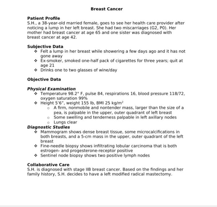 Solved Breast Cancer Patient Profile S.H., a 38-year-old | Chegg.com