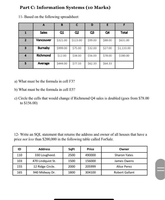 Solved Part C: Information Systems (10 Marks) 11- Based on | Chegg.com