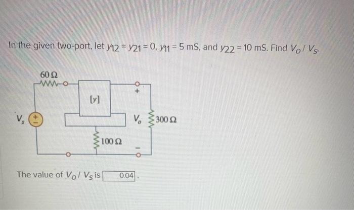 Solved In the given two-port, let y12=y21=0,y11=5mS, and | Chegg.com