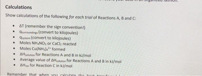Results Tabulate the answers to all calculations in | Chegg.com