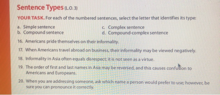 Solved Sentence Types (L.0.3) YOUR TASK. For each of the | Chegg.com