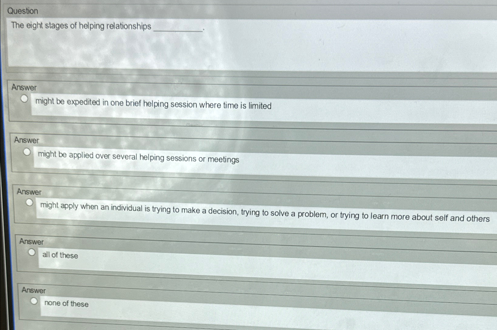 Solved QuestionThe eight stages of helping | Chegg.com