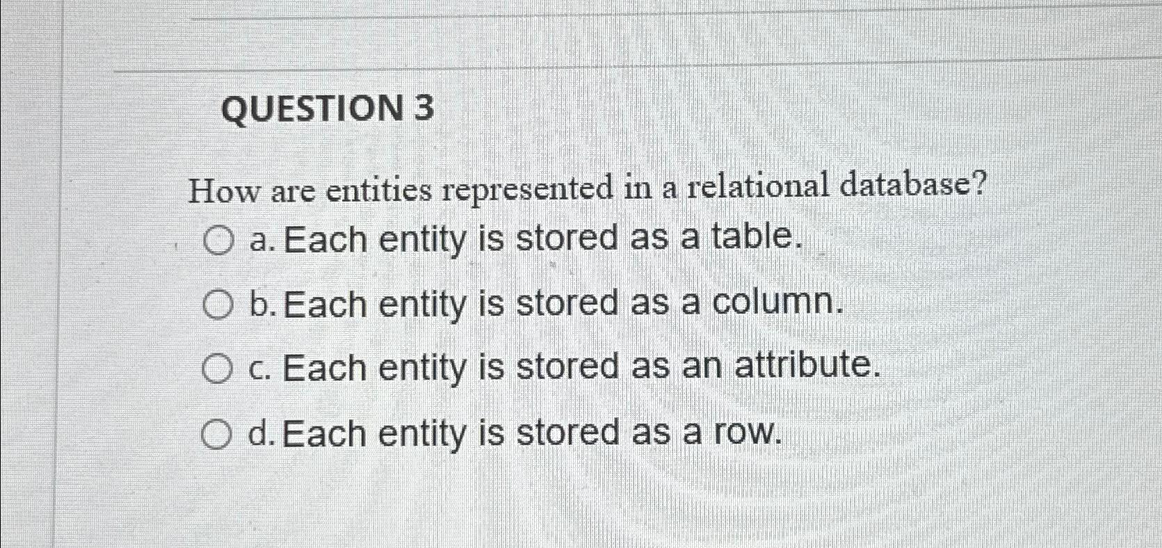 Solved QUESTION 3How are entities represented in a | Chegg.com