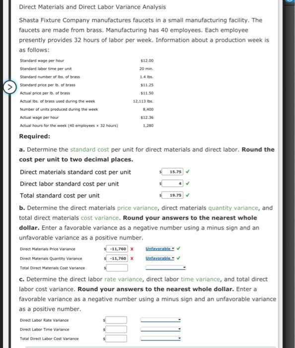 Solved Direct Materials and Direct Labor Variance Analysis | Chegg.com