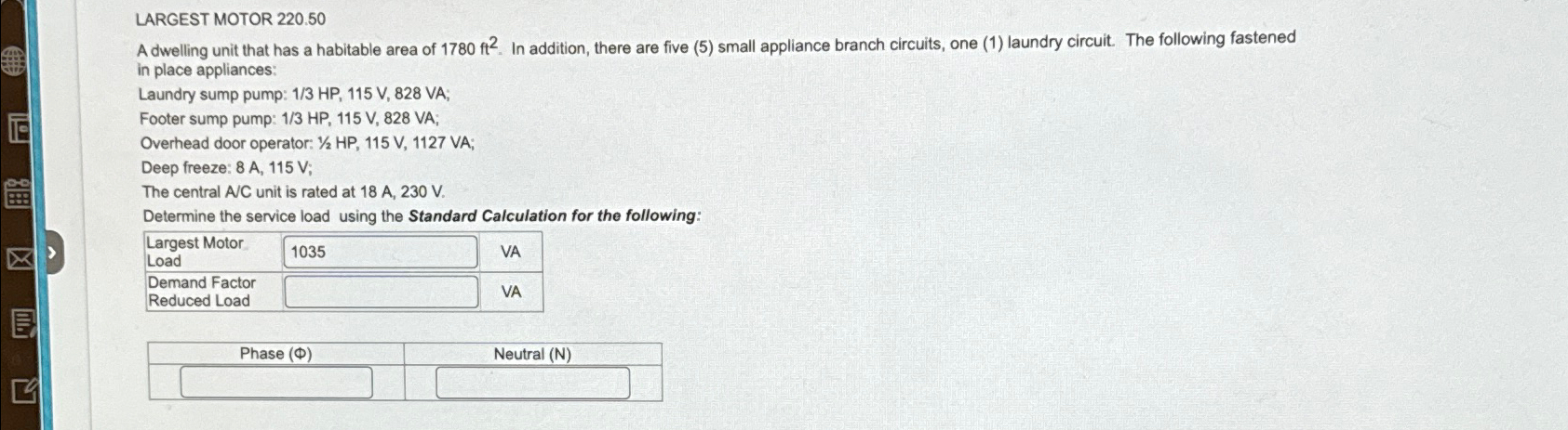 Solved LARGEST MOTOR 220.50A dwelling unit that has a | Chegg.com