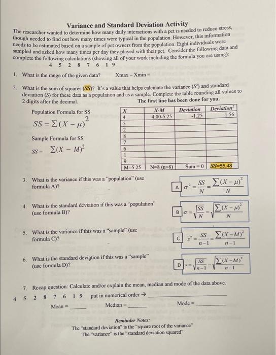 Solved Variance and Standard Deviation Activity The | Chegg.com