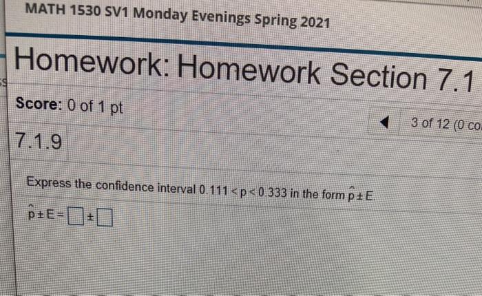 Solved MATH 1530 SV1 Monday Evenings Spring 2021 Homework: | Chegg.com