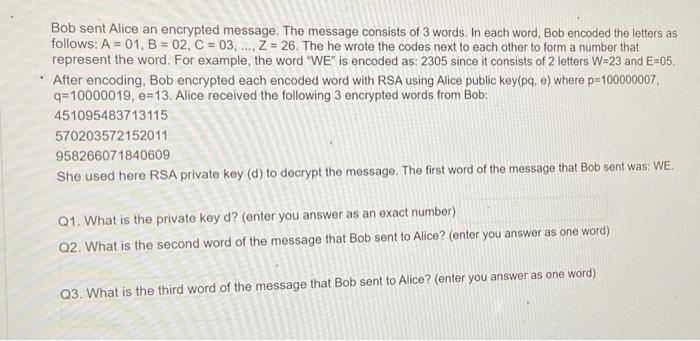 Solved Bob sent Alice an encrypted message. The message | Chegg.com