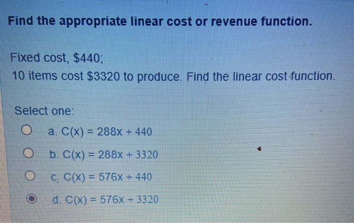 Solved Find the appropriate linear cost or revenue function. | Chegg.com