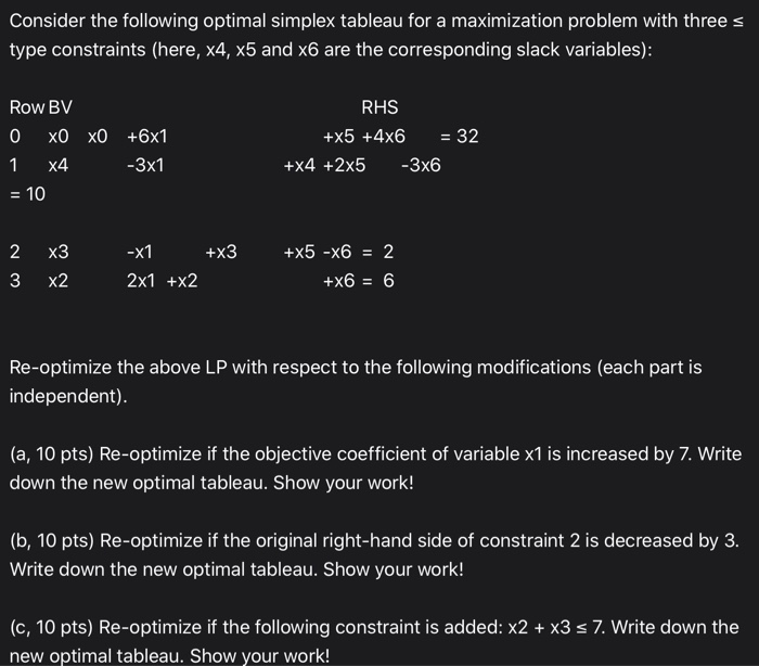 Consider the following optimal simplex tableau for a | Chegg.com