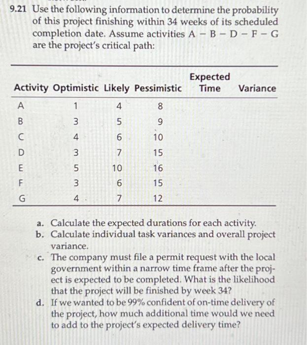 Solved 9.21 Use the following information to determine the | Chegg.com