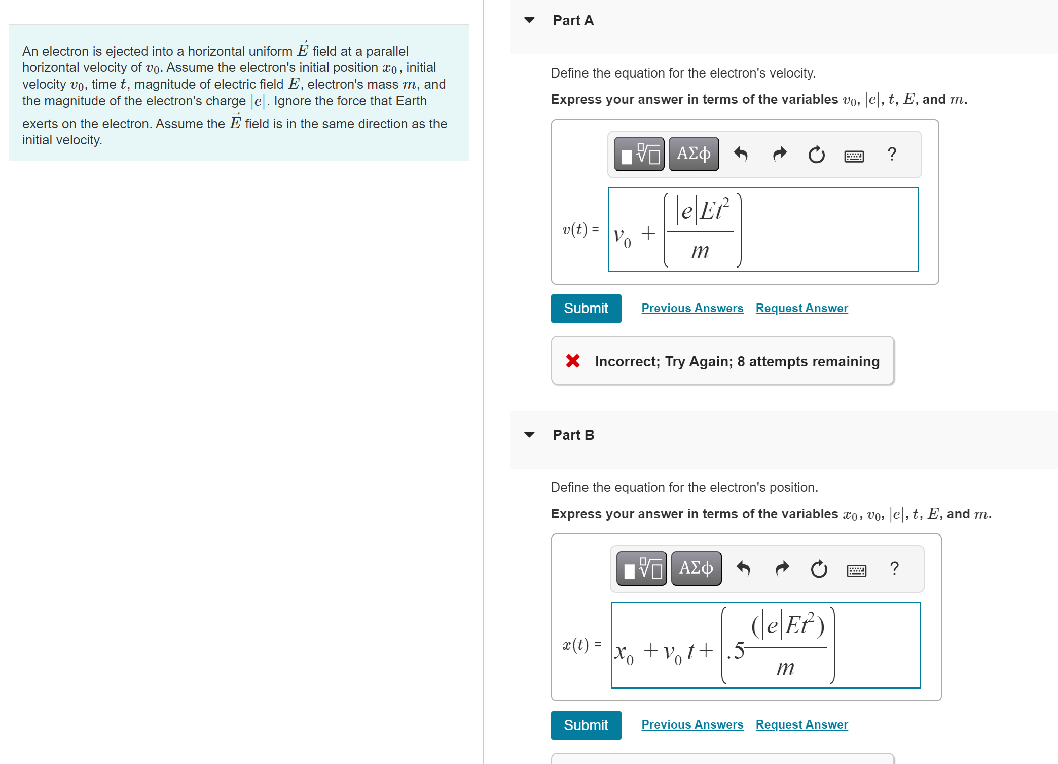 Solved Part AAn electron is ejected into a horizontal | Chegg.com