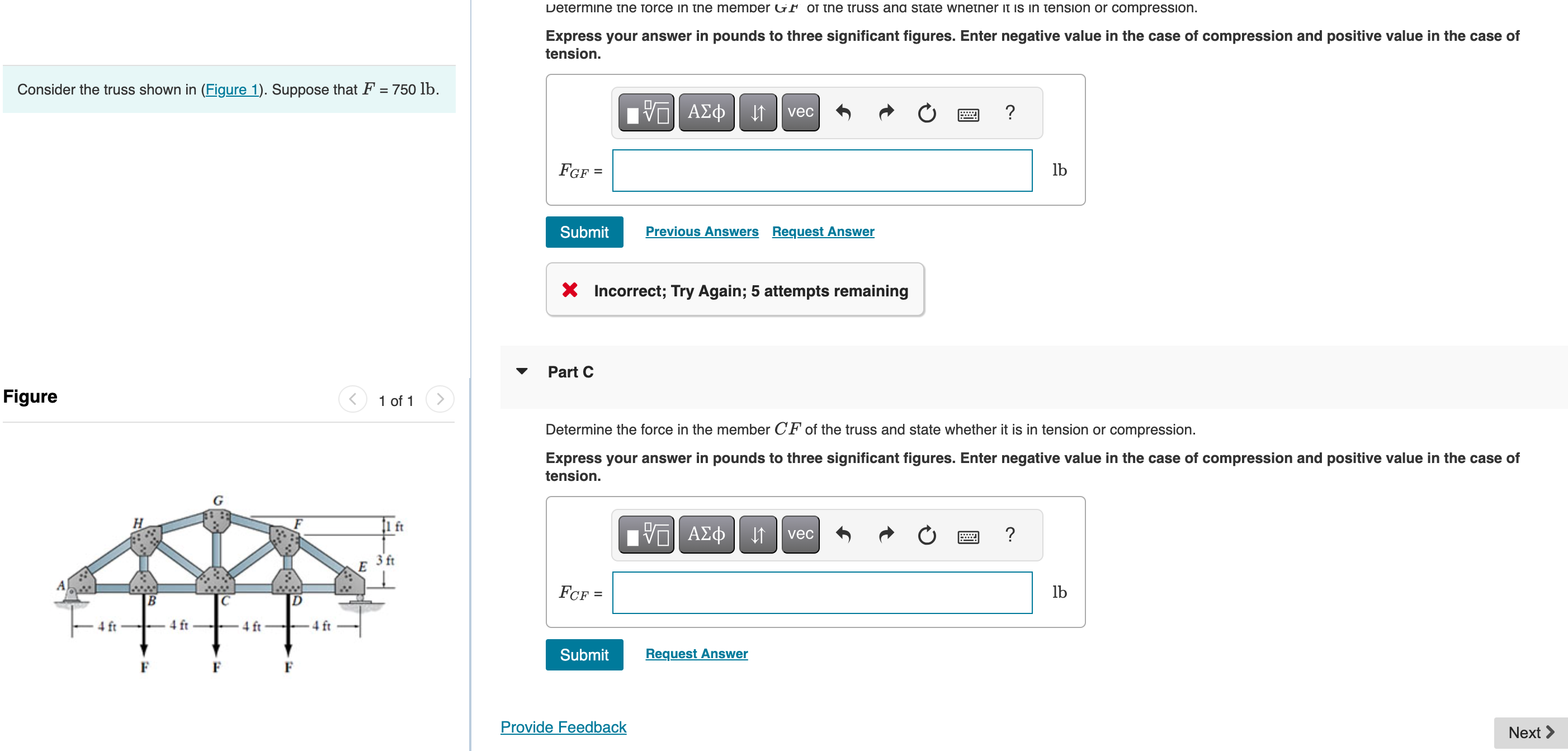 Determine the тorce in the member FF ﻿oा ﻿the truss | Chegg.com