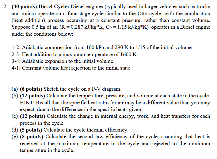 Solved 2. (40 ﻿points) ﻿Diesel Cycle: Diesel engines | Chegg.com